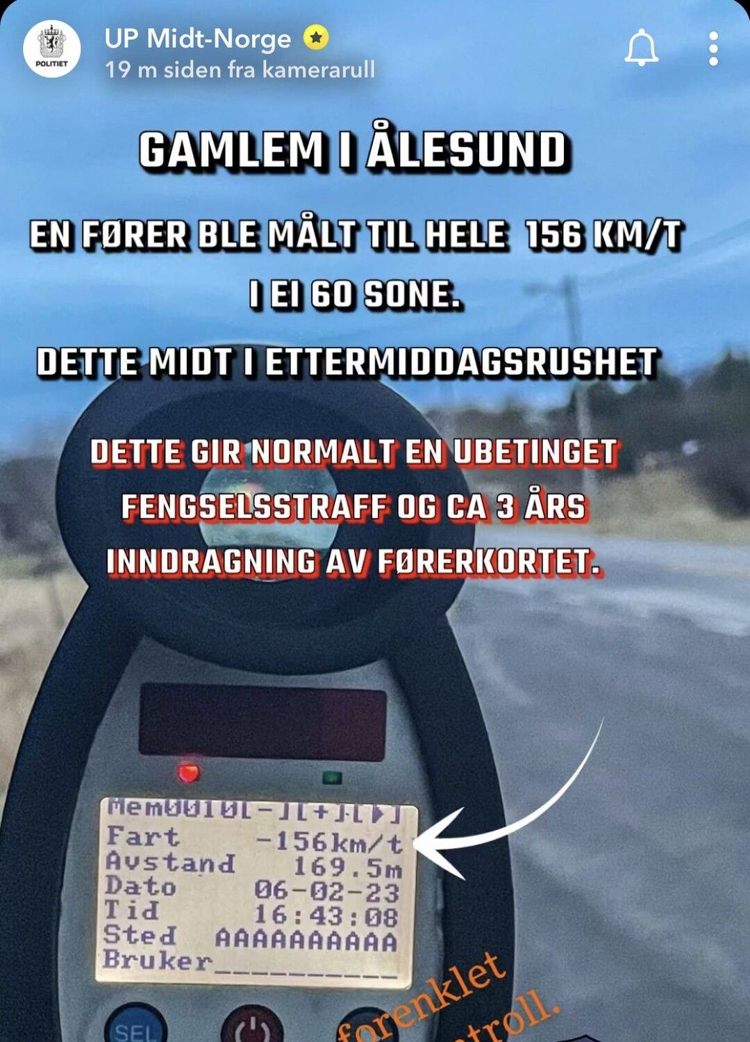 Ble målt til 156 km/t i 60-sone - smp.no