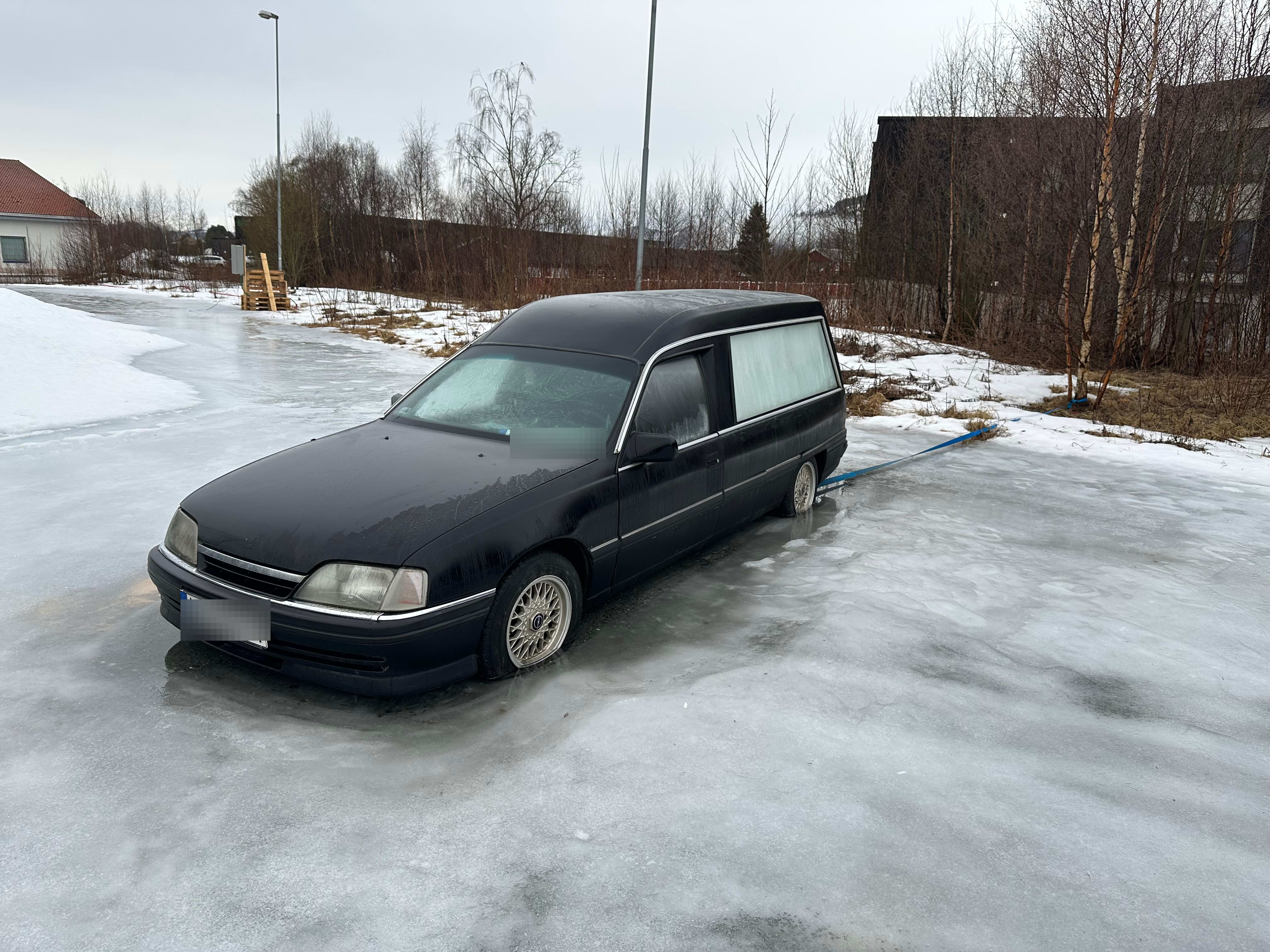 Her står en likbil bundet fast til et tre